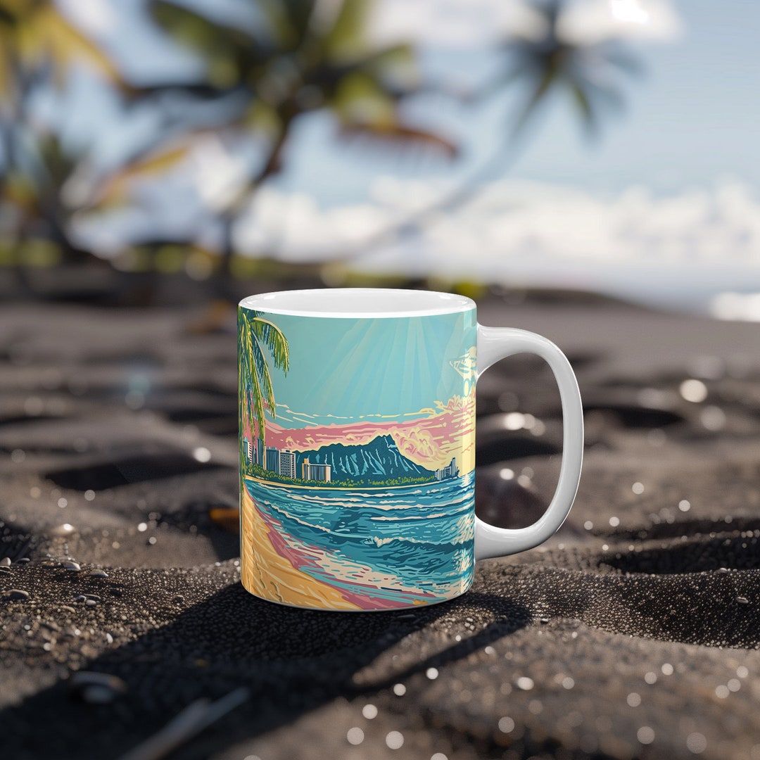 Waikiki Beach & Diamond Head Mug - Scenic Honolulu Coffee Cup, Hawaiian ...