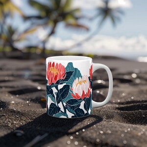 Tropical Red Protea Floral Print Hawaiian Ceramic Mug, Hawaii Vacation ...
