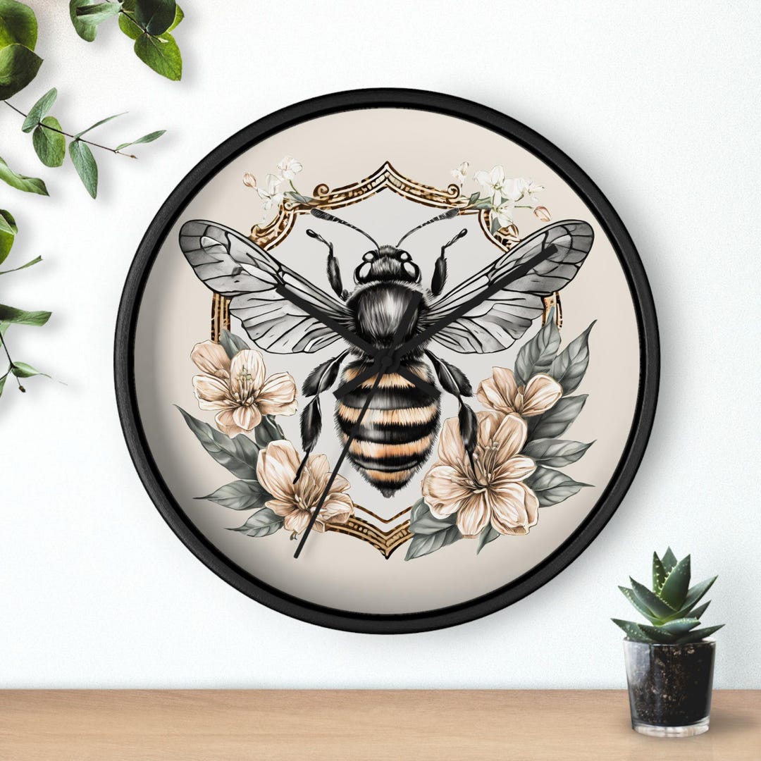 Antique Style Bumblebee Motif Design Wall Clock, Black White or Wood Frame Stylish Bumble Bee ...