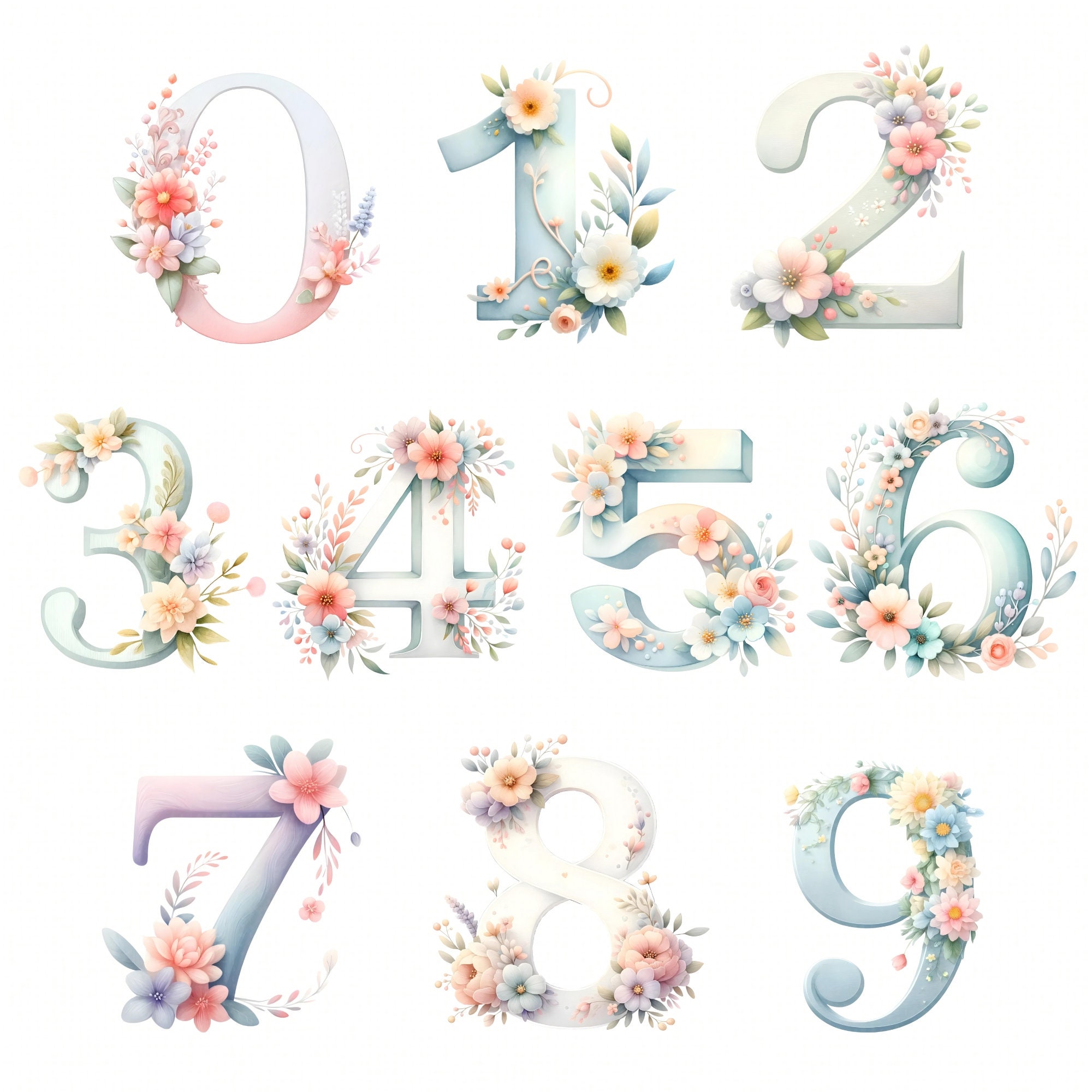 Floral Alphabet and Number Pastel Color Watercolor Clipart for ...