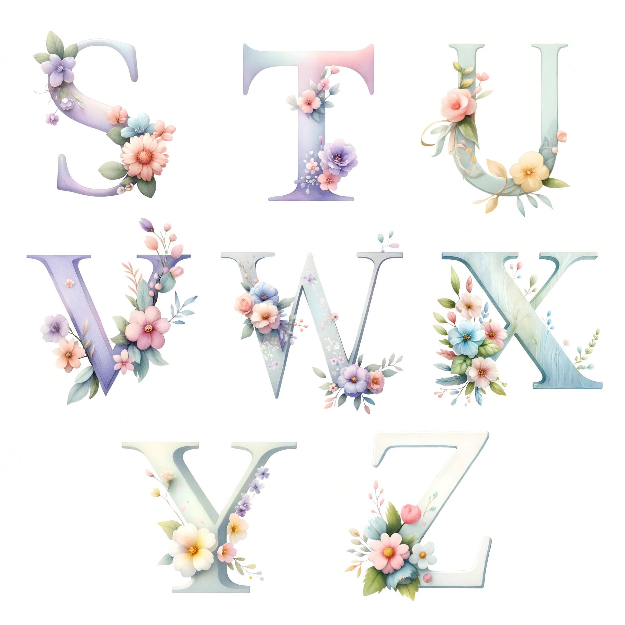 Floral Alphabet and Number Pastel Color Watercolor Clipart for ...