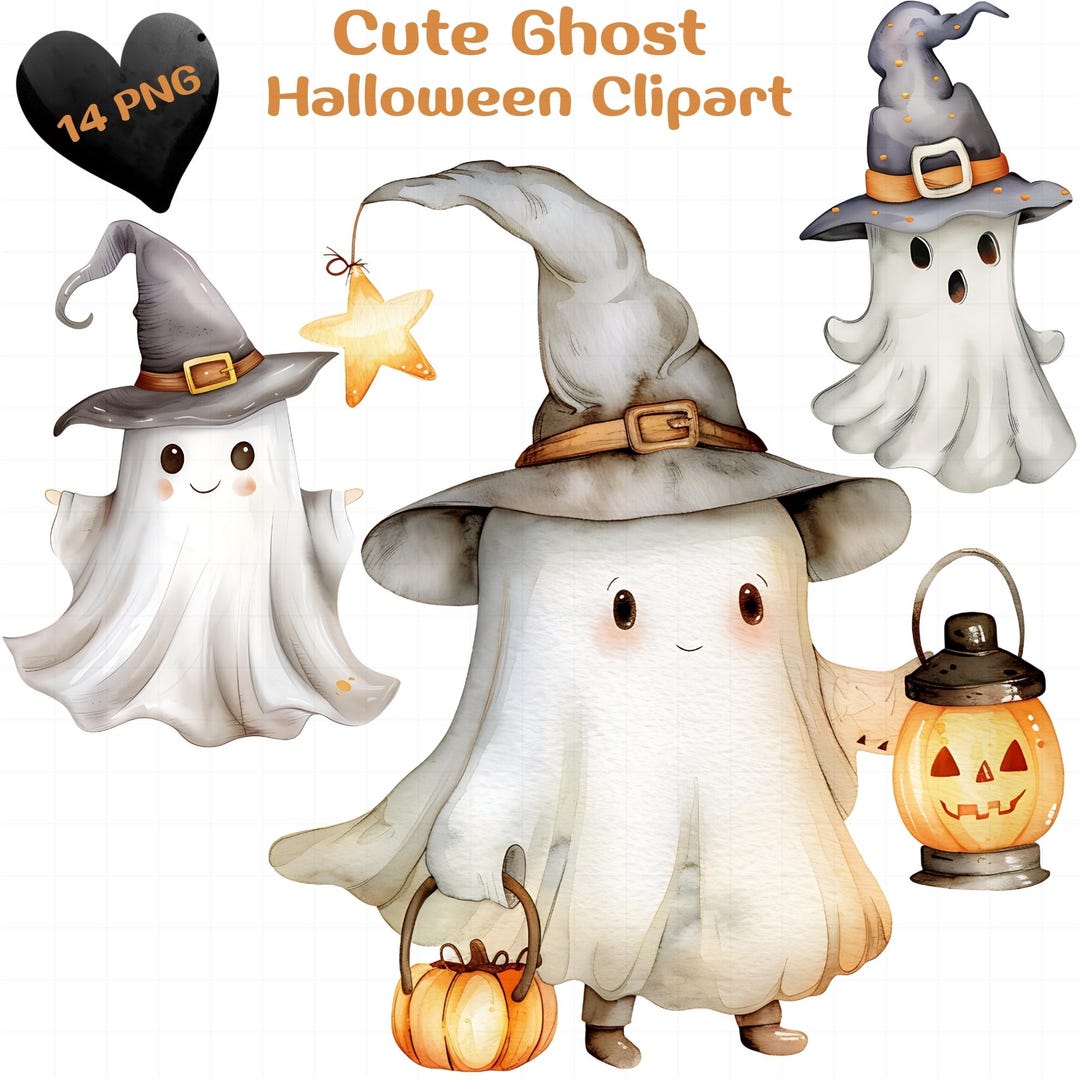 Cute Ghost Halloween Watercolor Clipart for Scrapbooking, Invitation ...
