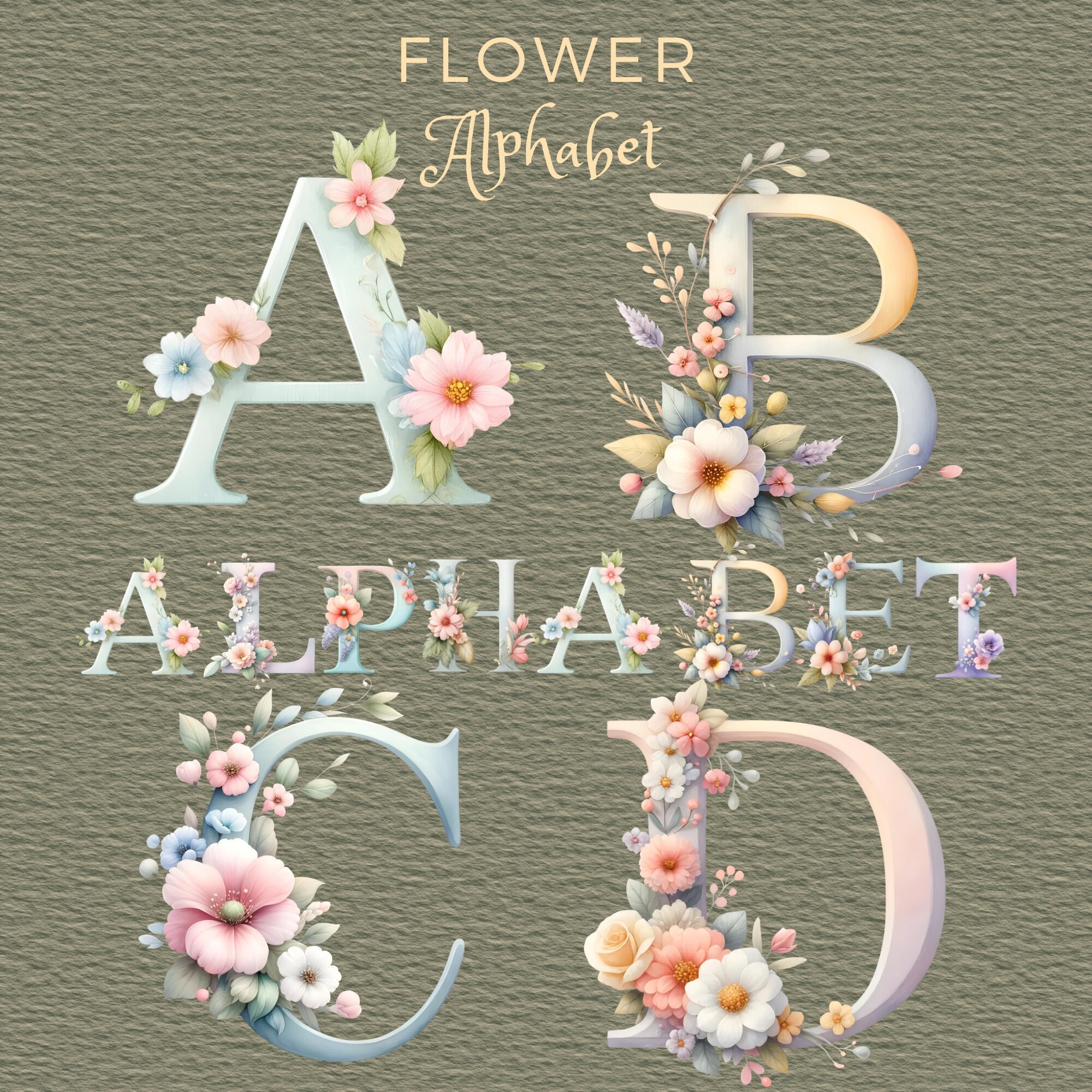 Floral Alphabet and Number Pastel Color Watercolor Clipart for ...