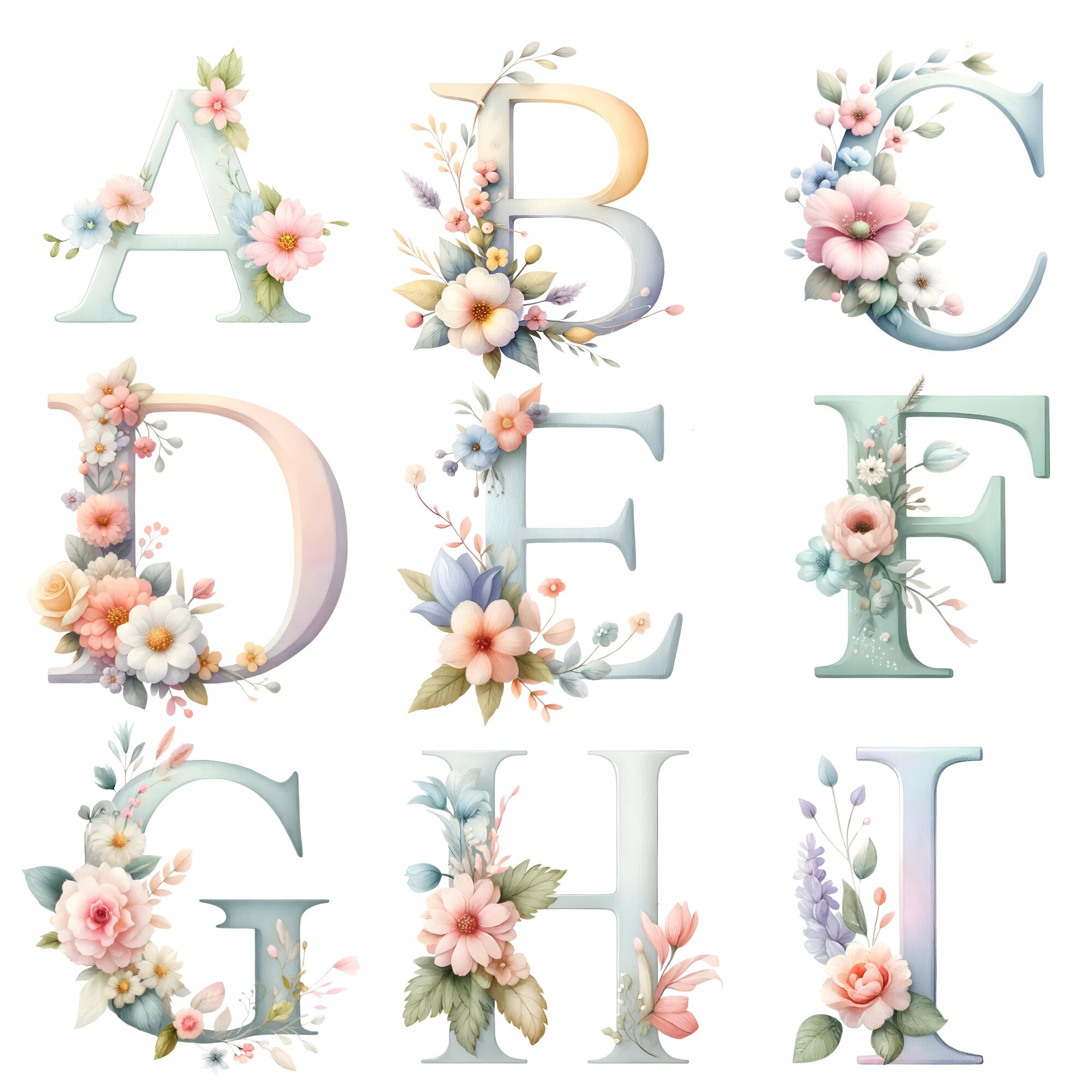 Floral Alphabet and Number Pastel Color Watercolor Clipart for ...
