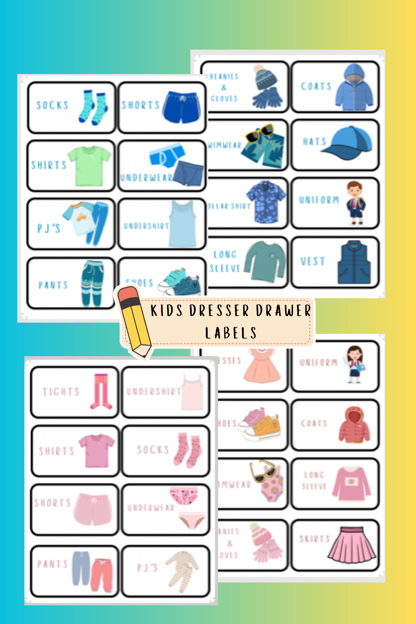 Kids Dresser Drawer Labels, Kids Clothing Storage Stickers ...