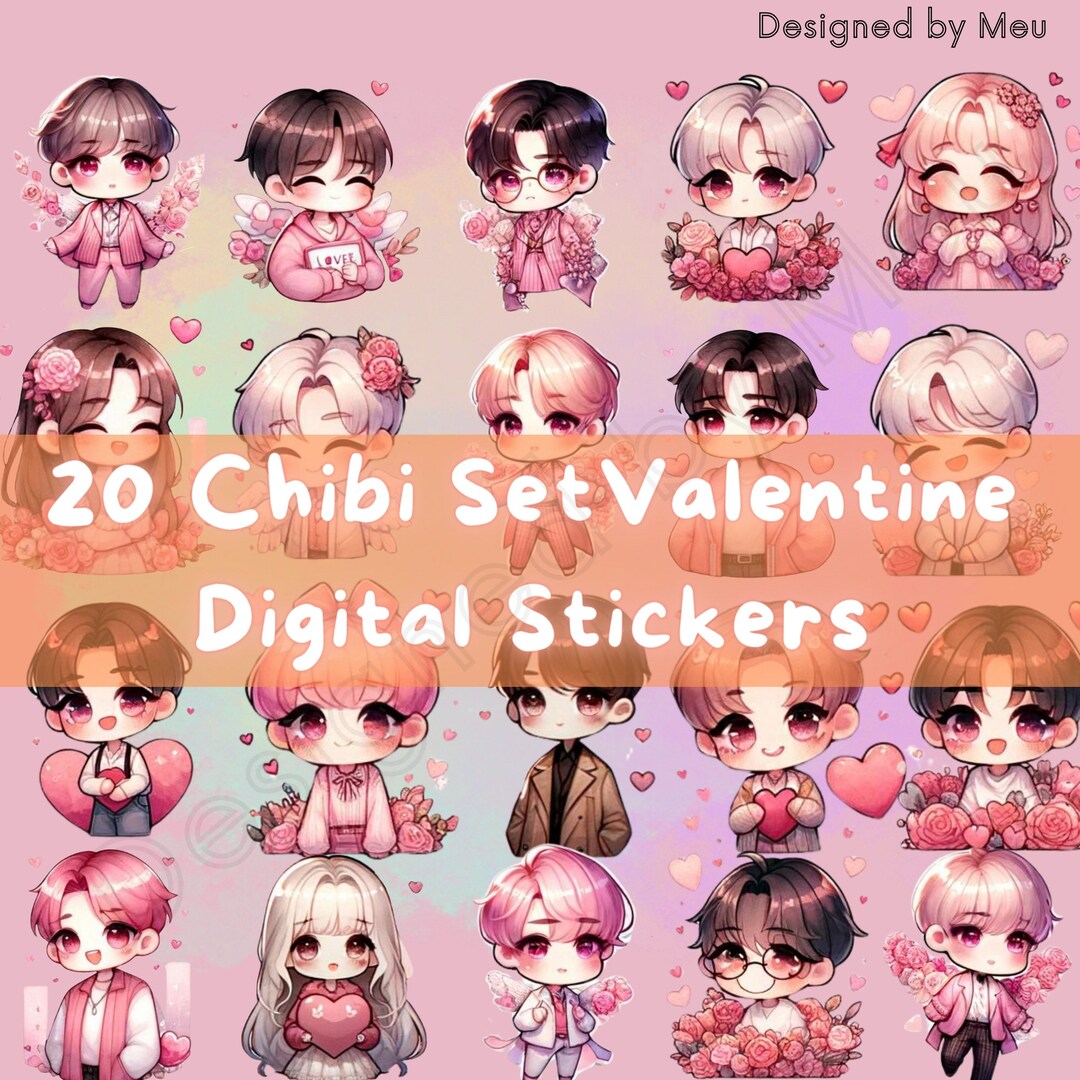 Chibi Valentine Characters Sticker Set Cute Digital PNG Files, Instant ...