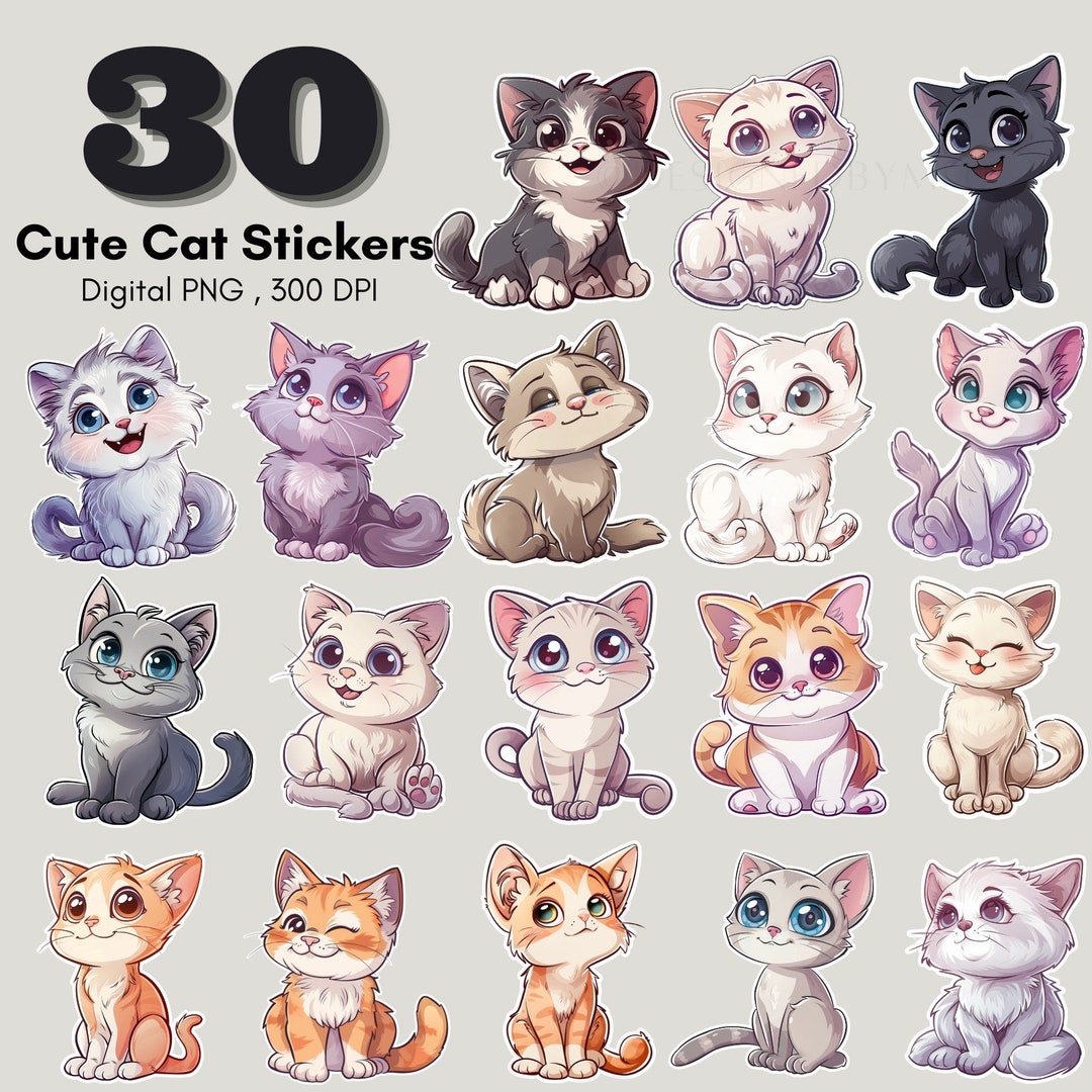 Relaxing Chibi Cat Sticker Bundle PNG Files, Cute Cat Digital Stickers ...