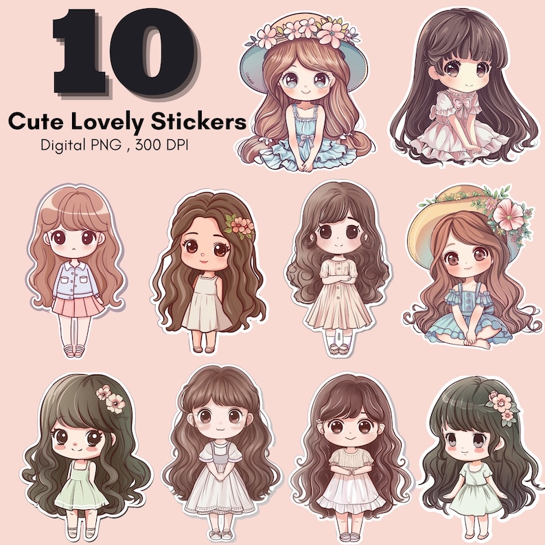 Cute Lovely Girl Sticker Set Digital PNG Files for Planners, Journals ...