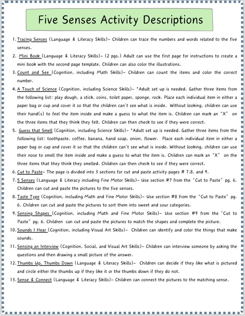 Five Senses Activities & Worksheets, Preschool, Pre-k Activities ...