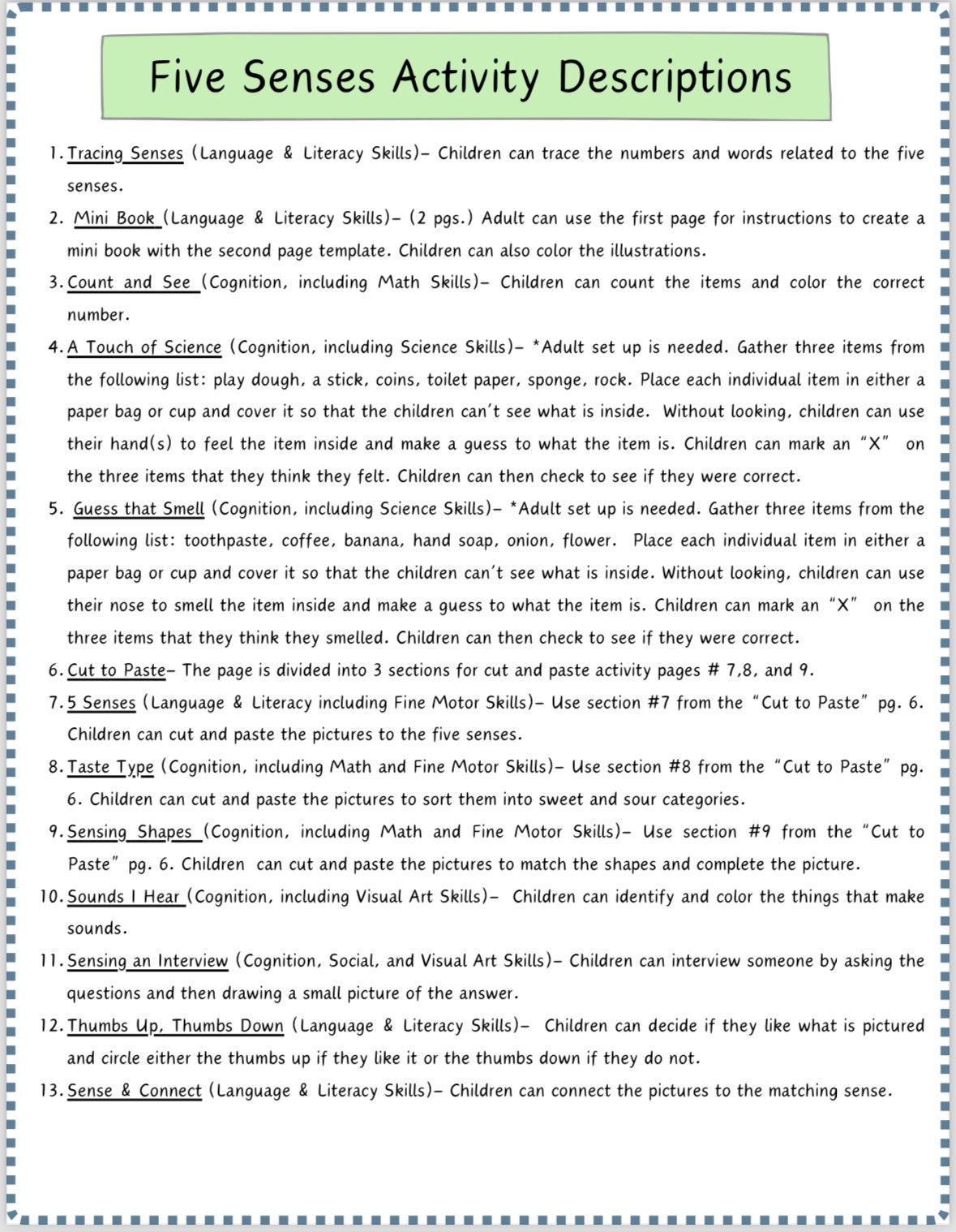 Five Senses Activities & Worksheets, Preschool, Pre-k Activities ...