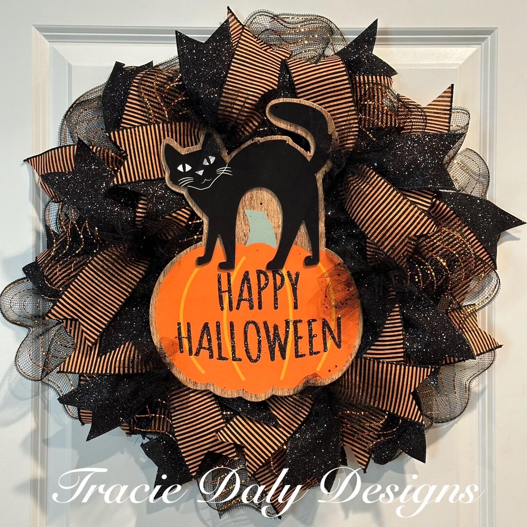 Happy Halloween Black Cat Wreath-happy Halloween Wreath-black Cat ...