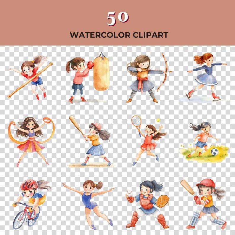 Girl Sport Watercolor PNG Set Athletic Girls Clipart Instant Download ...