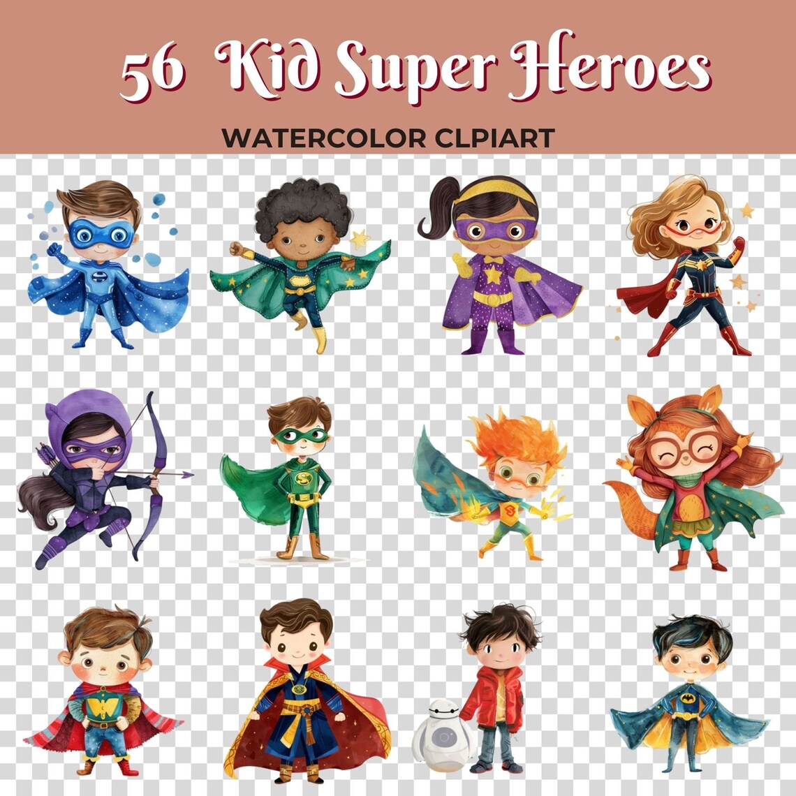 Kid Superheroes Clipart PNG | Cartoon Heroes Digital Download ...