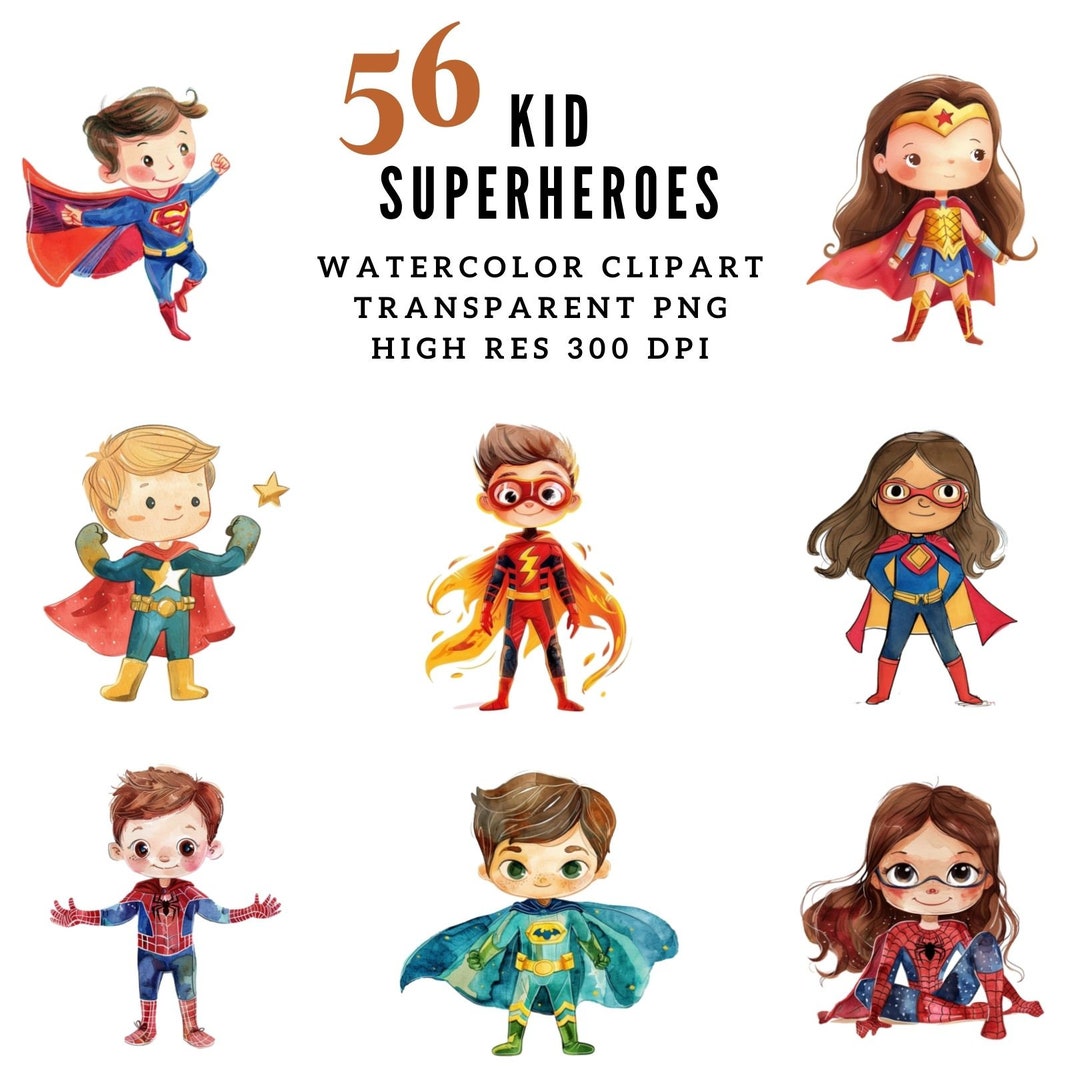 Kid Superheroes Clipart PNG | Cartoon Heroes Digital Download ...