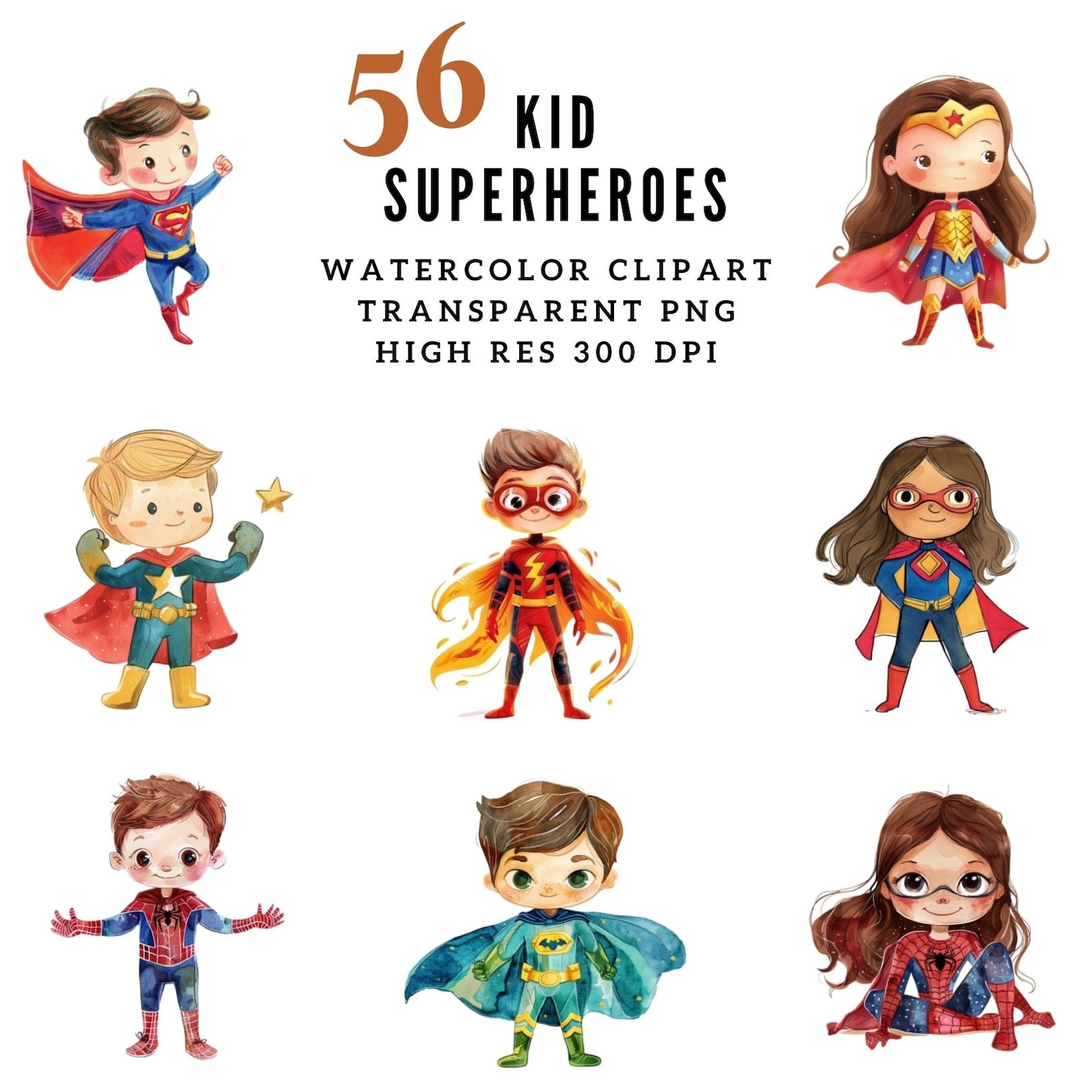 Kid Superheroes Clipart PNG | Cartoon Heroes Digital Download ...