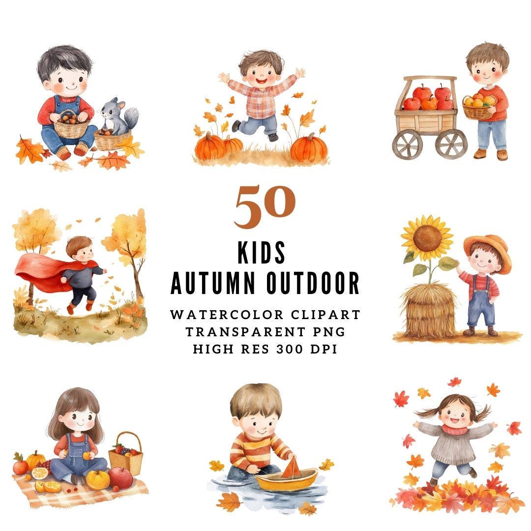 Kid Autumn Outdoor Clipart PNG | Outdoor Fall Scene | Instant Download ...