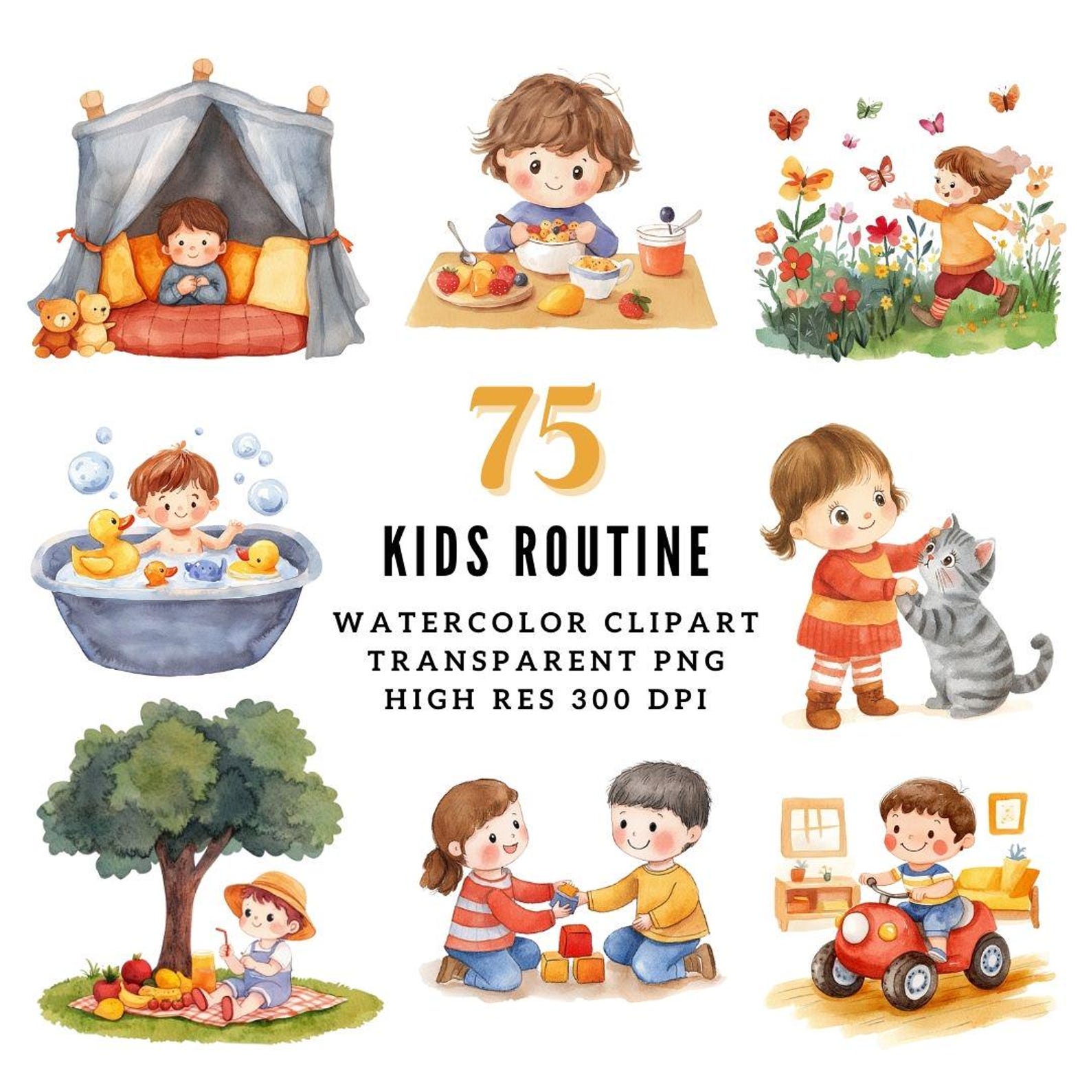 Kid Routines Watercolor PNG | Daily Routine Clipart | Morning & Evening ...
