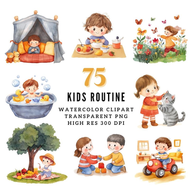 Kid Routines Watercolor PNG | Daily Routine Clipart | Morning & Evening ...
