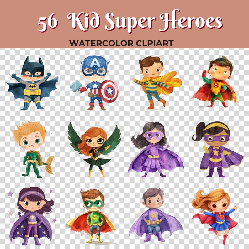 Kid Superheroes Clipart PNG | Cartoon Heroes Digital Download ...