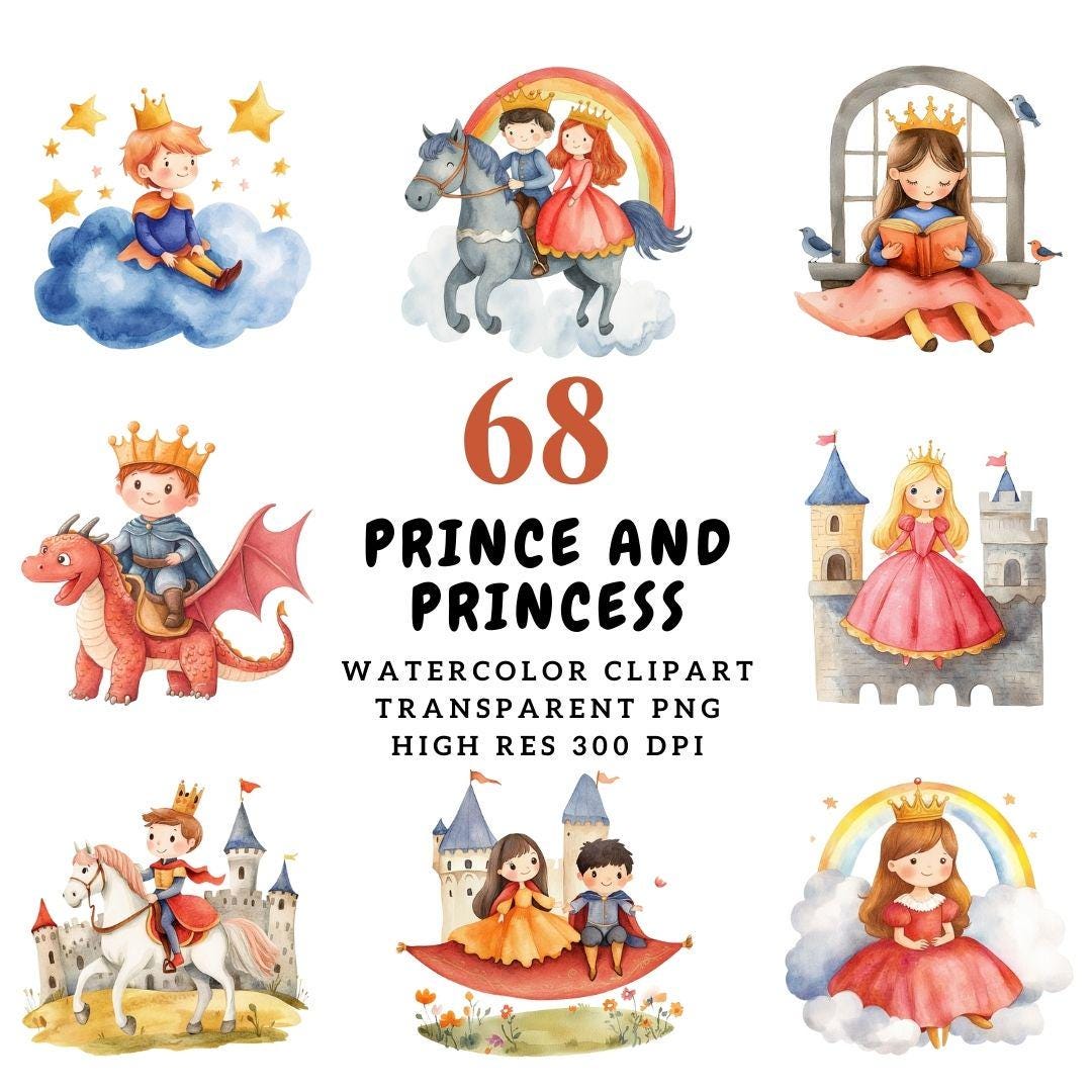 Watercolor Prince and Princess Clipart | Royal Kids Illustrations ...