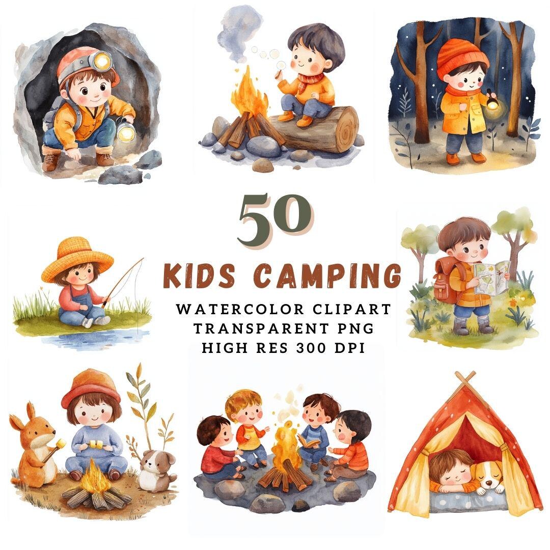 Kids Camping Watercolor PNG | Outdoor Adventure Clipart | Camping ...