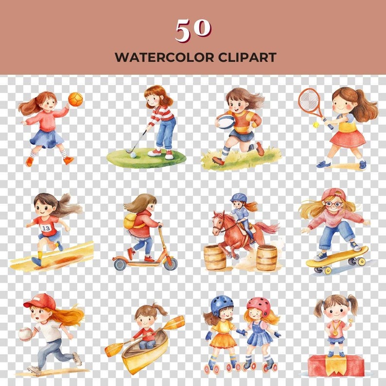 Girl Sport Watercolor PNG Set Athletic Girls Clipart Instant Download ...