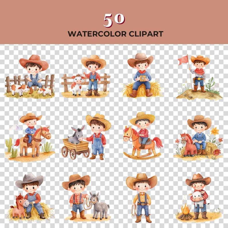 Kids Cowboy Watercolor PNG | Western Themed Clipart | Cowboy Nursery ...