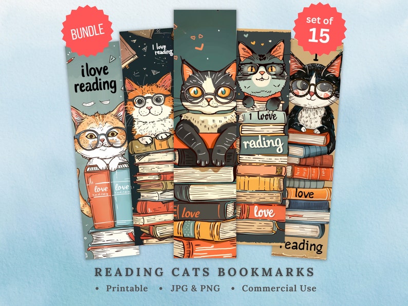 Cats Reading, Printable Bookmarks, Cute Bookmark, PNG Designs, Boho Cat ...