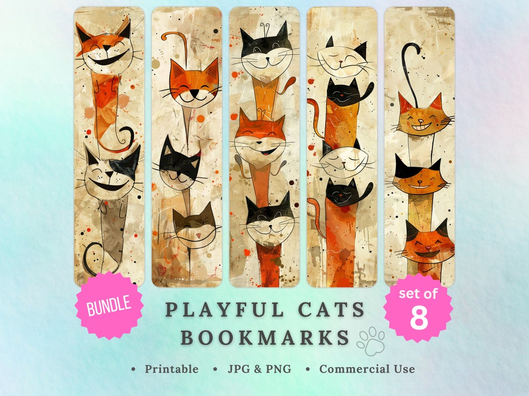 Playful Cats, Cute Bookmark, Printable Bookmarks, Cute Cat Art, PNG ...