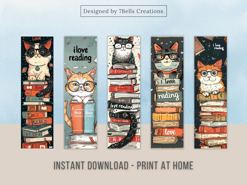 Cats Reading, Printable Bookmarks, Cute Bookmark, PNG Designs, Boho Cat ...