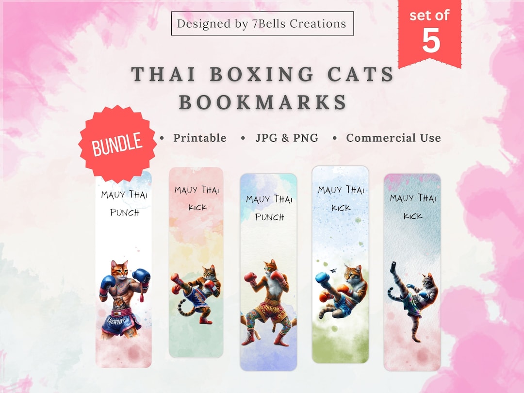 Thai Boxing Cats Bookmarks, Muay Thai, Printable Bookmarks, Cute ...