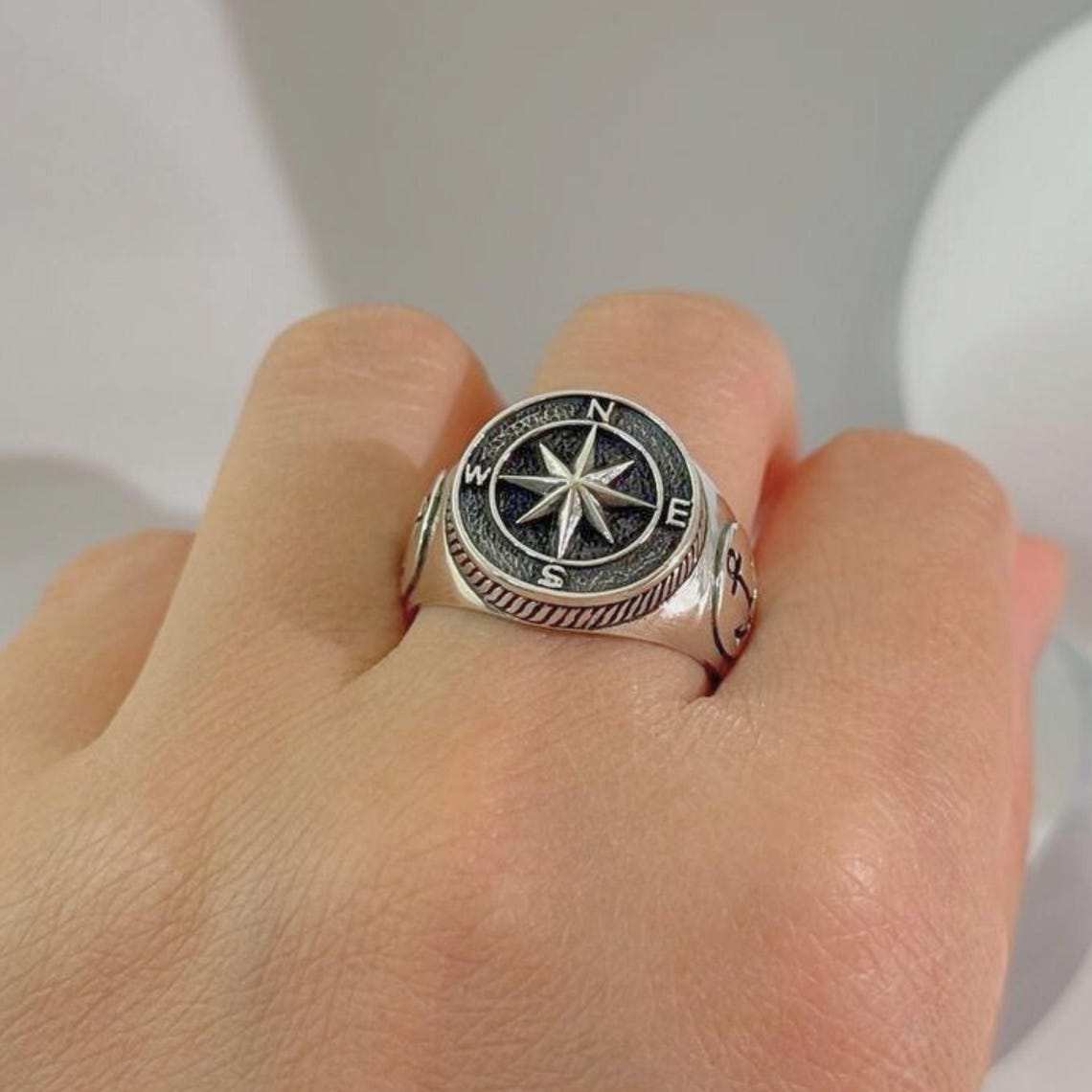 3D Compass Ring for Men, Sterling Silver 925, Wind Rose Anchor Ring ...