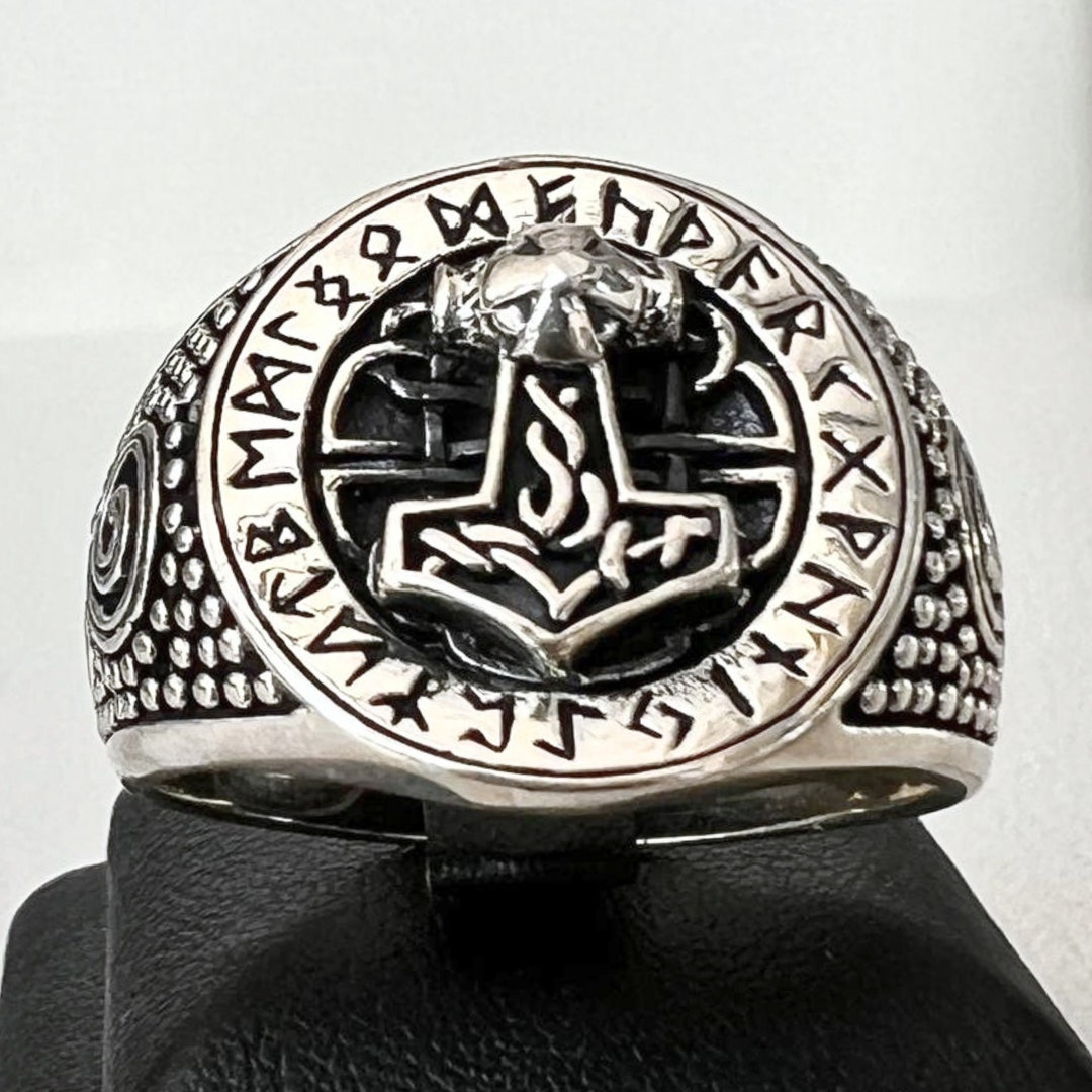 Thor's Hammer Ring Mjolnir Viking Scandinavian Norse Runes Protective ...