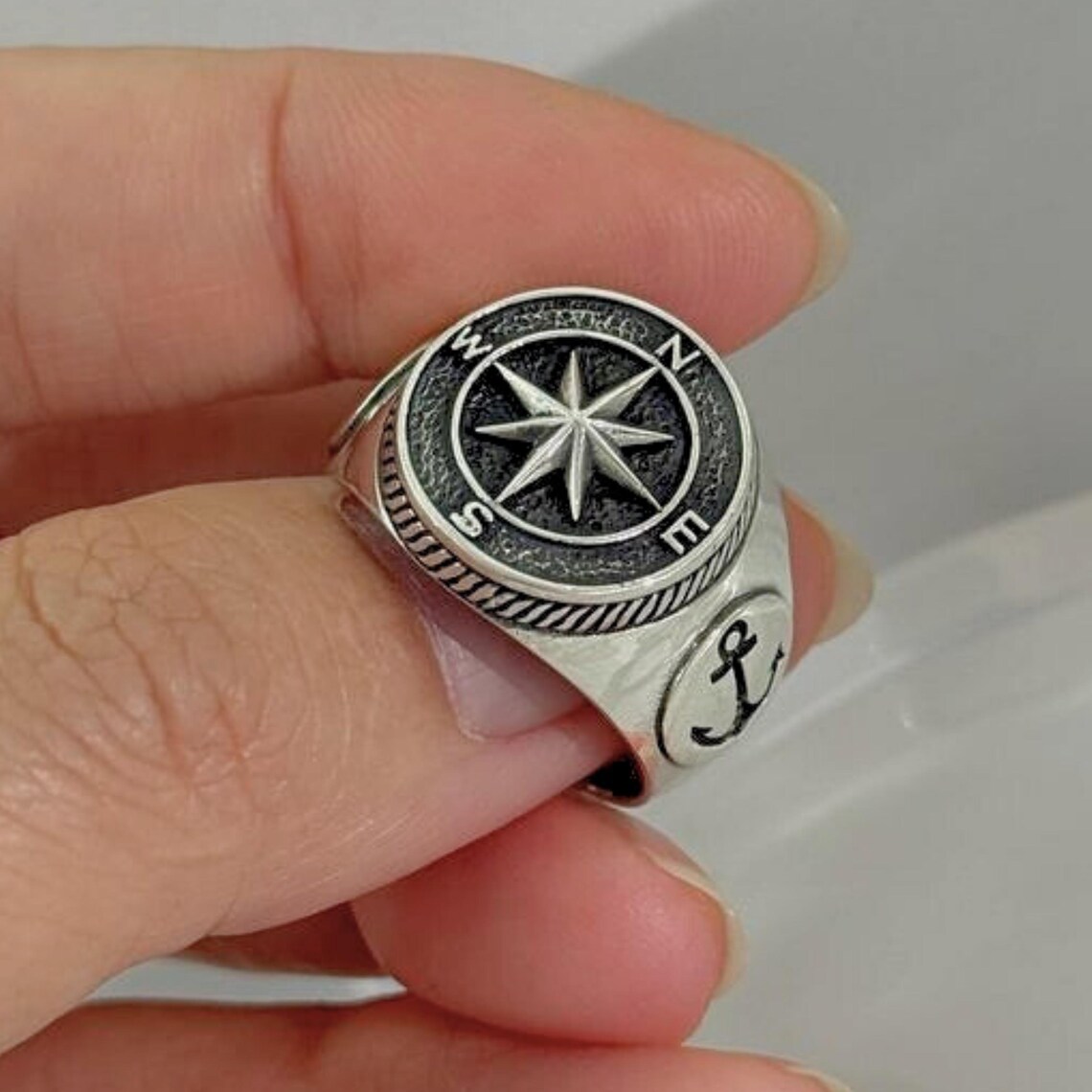 3D Compass Ring for Men, Sterling Silver 925, Wind Rose Anchor Ring ...
