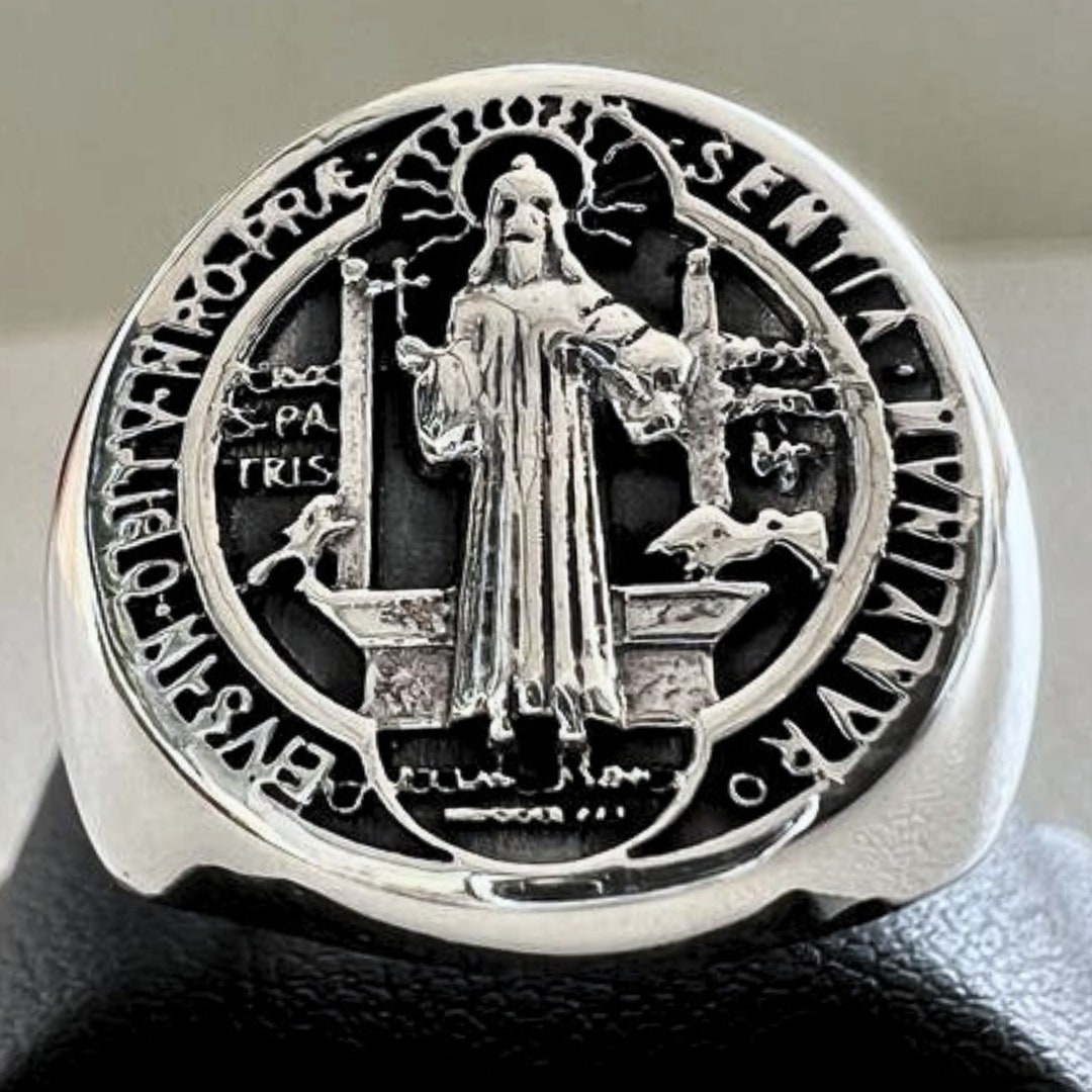 Saint Benedict Ring, 3D Catholic Protection Amulet, Sterling Silver 925 Handmade Jewelry, St ...