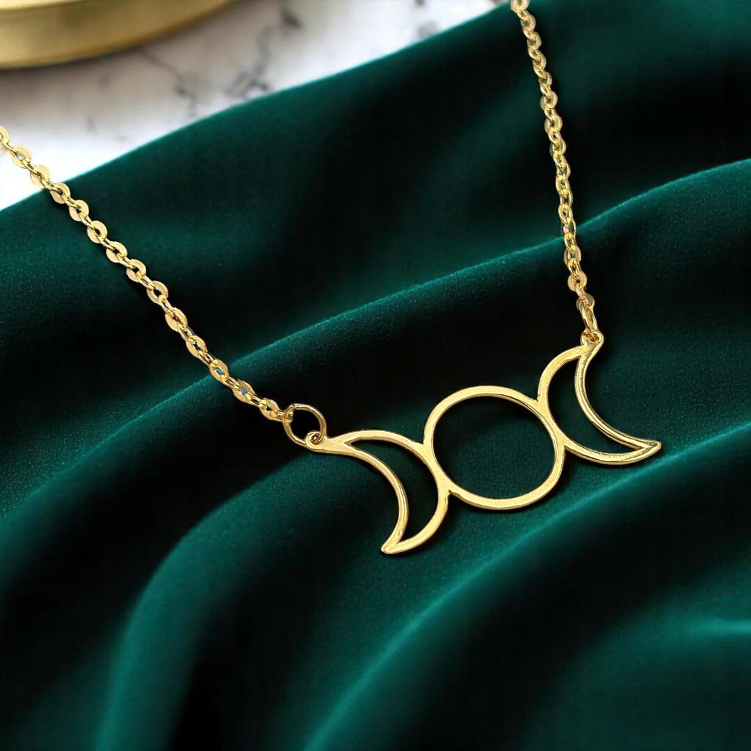 14k Solid Gold Triple Moon Goddess Necklace - Dainty Personalized ...