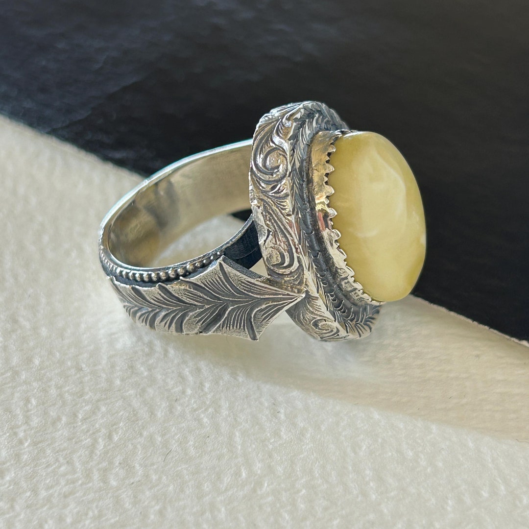 Handmade Yellow Amber Ring: Sterling Silver Stone Design for Men - Etsy