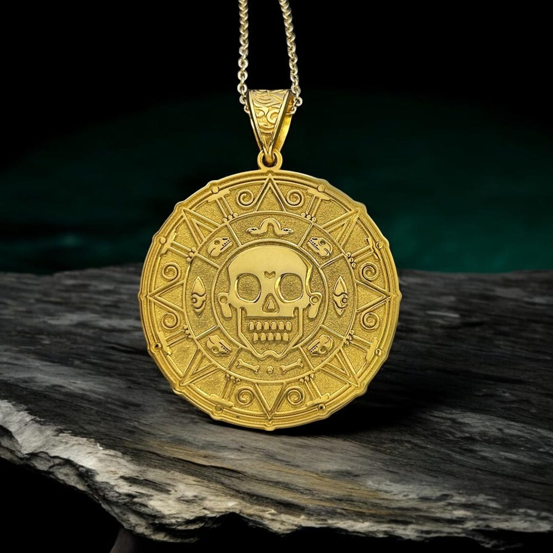 14K Gold Plated Pirate Coin Necklace: Sterling Silver Aztec Skull ...