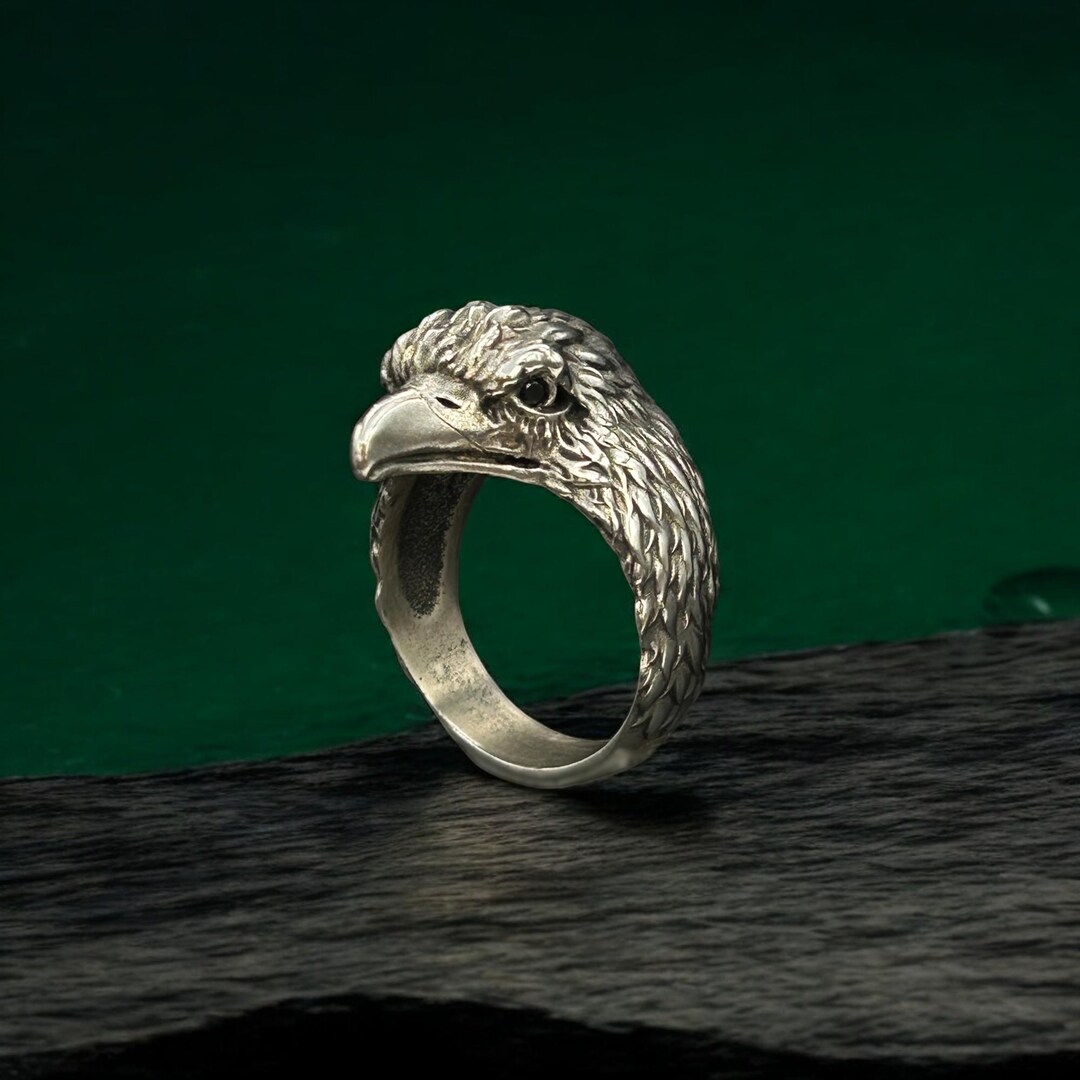 Silver Man Eagle Head Ring - Hawk-inspired Black Zircon Stone Ring ...