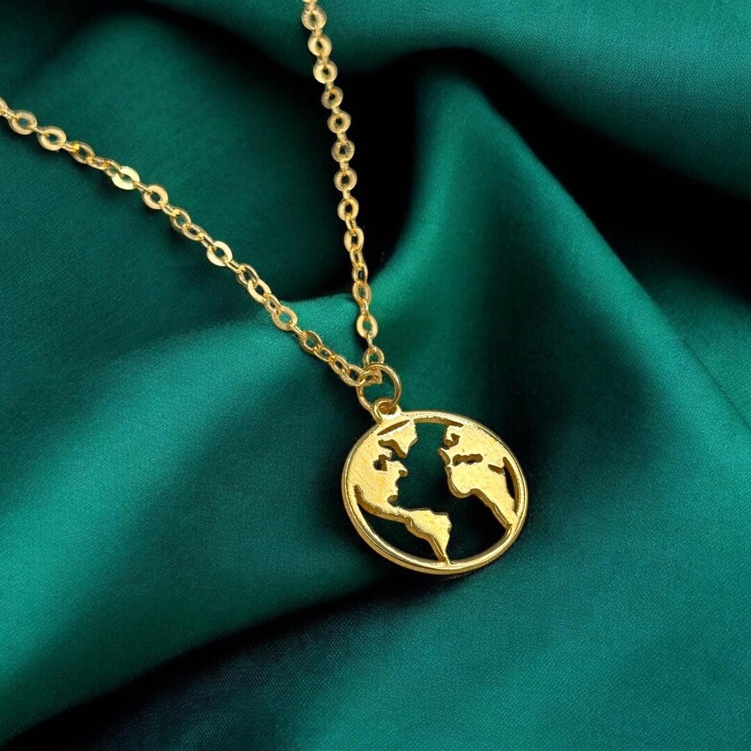 14k Gold Earth Necklace: Dainty World Map Charm - Etsy