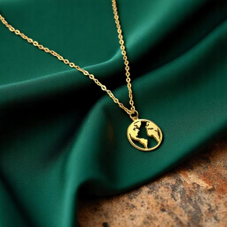14k Gold Earth Necklace: Dainty World Map Charm - Etsy