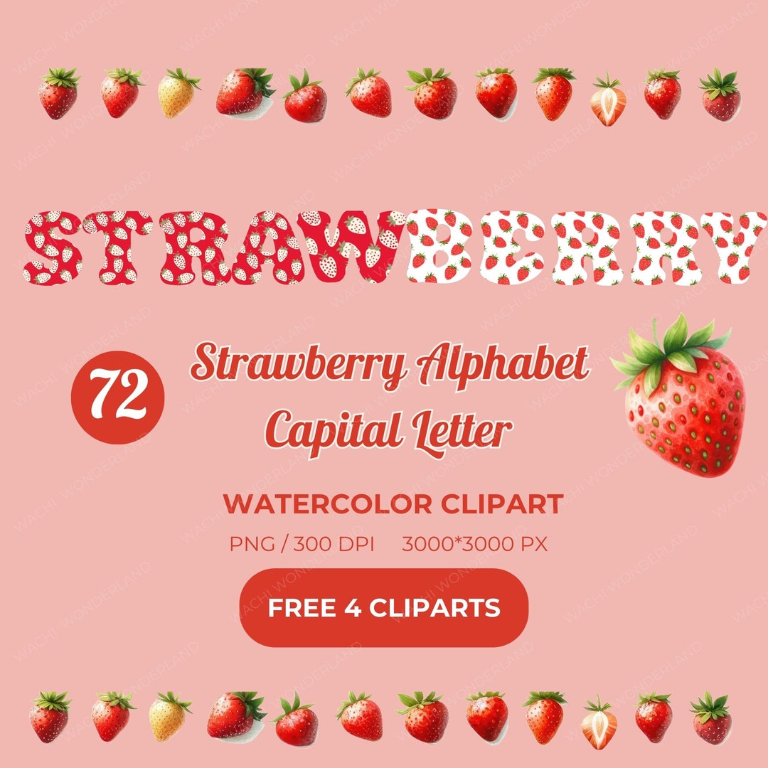 76 Strawberry Alphabet Watercolor Clipart Set, Printable Strawberry ...