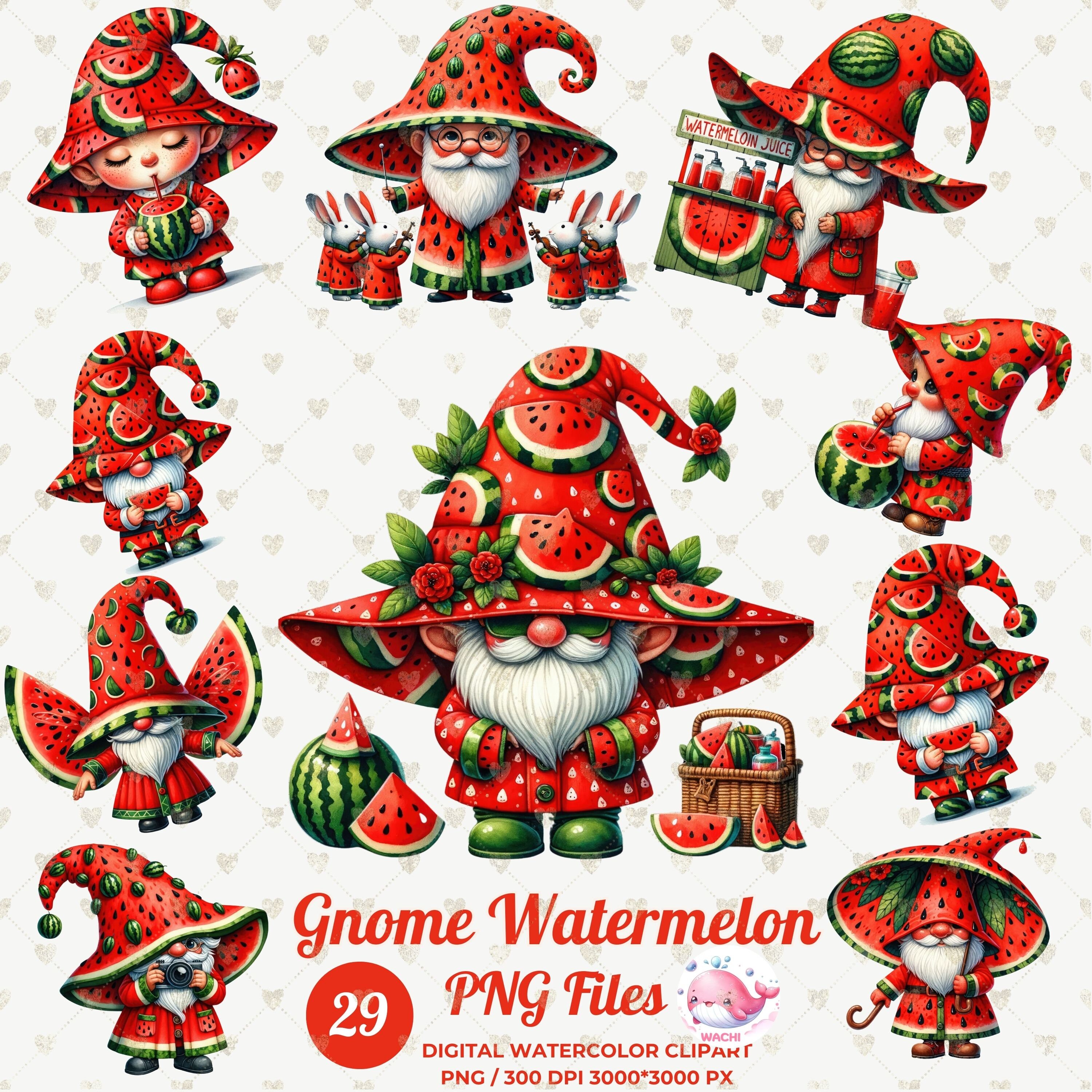 Whimsical Watermelon Gnomes Watercolor Clipart, Cute Gnome PNG, Cute ...