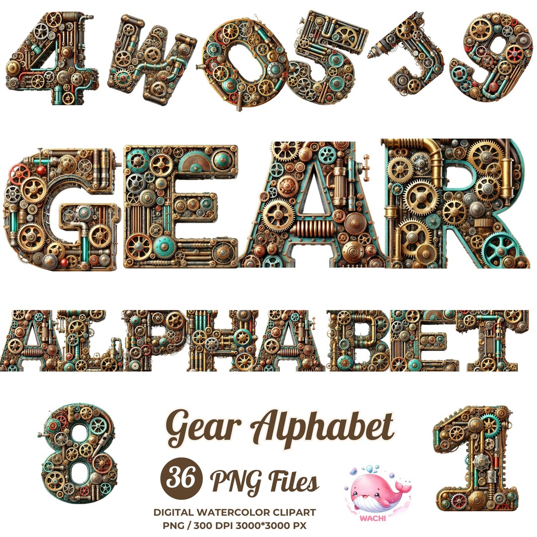 Mechanical Gears Alphabet Steampunk Alphabet Cogs Monogram Digital ...