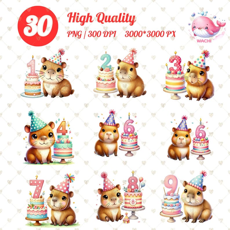 Capybara Birthday Clipart: Watercolor PNG Bundle (32 Files) - Etsy