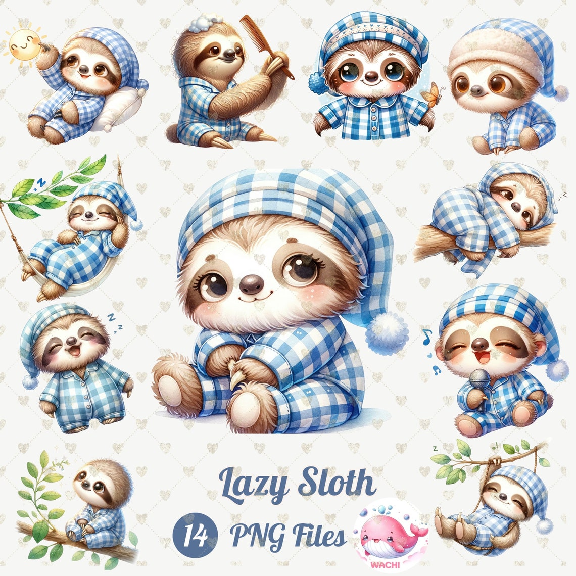 Lazy Cute Sloth Clipart Birthday Card Pajama Baby Sloth Sleep Daily ...