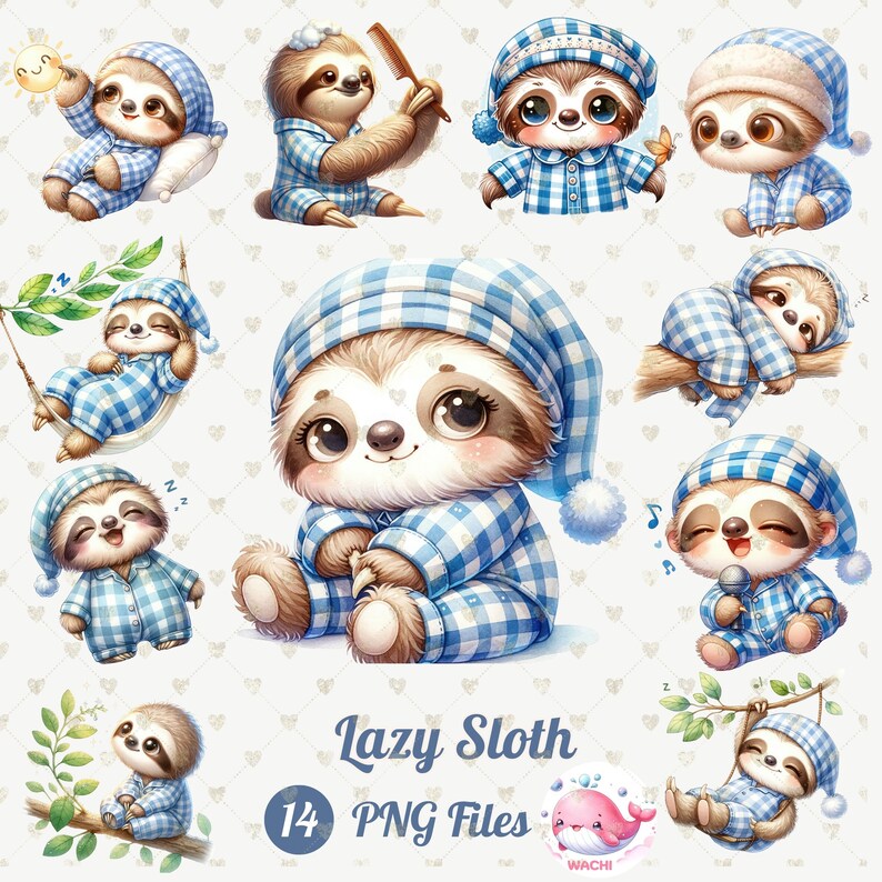 Lazy Cute Sloth Clipart Birthday Card Pajama Baby Sloth Sleep Daily ...