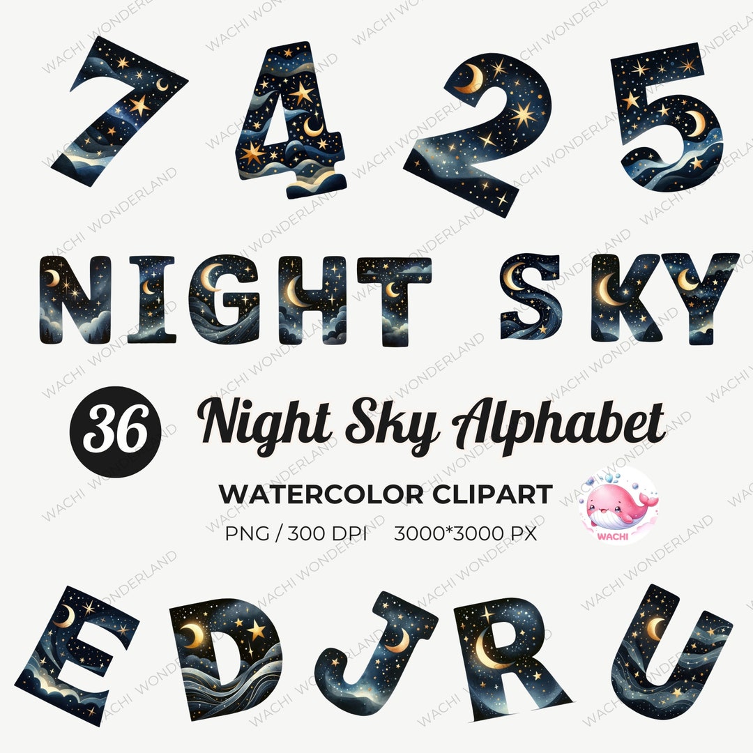 36 Night Sky Alphabet , Blue Sky ,space , Font Clipart , Cosmic Font ...
