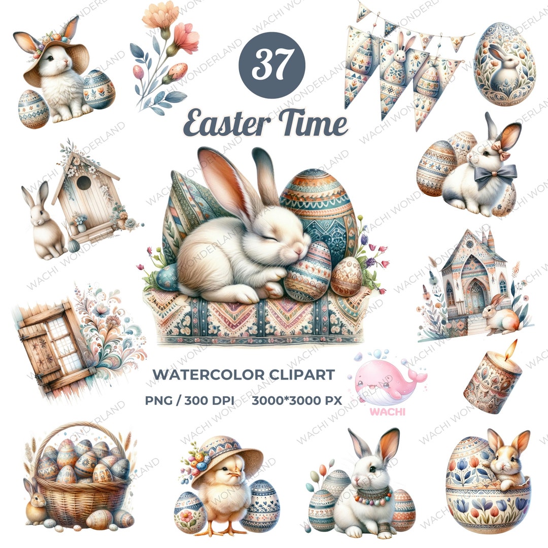 Country Easter Watercolor, Easter Bunny Clipart, Spring Rabbits, Bunny ...