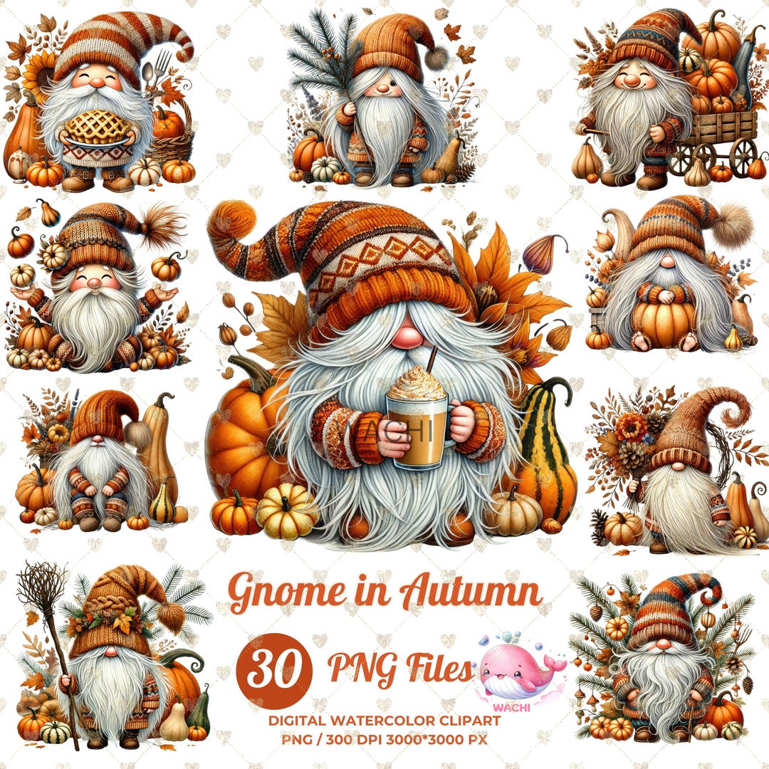 Autumn Gnomes Watercolor PNG Clipart Bundle, Fall Harvest Gnome ...